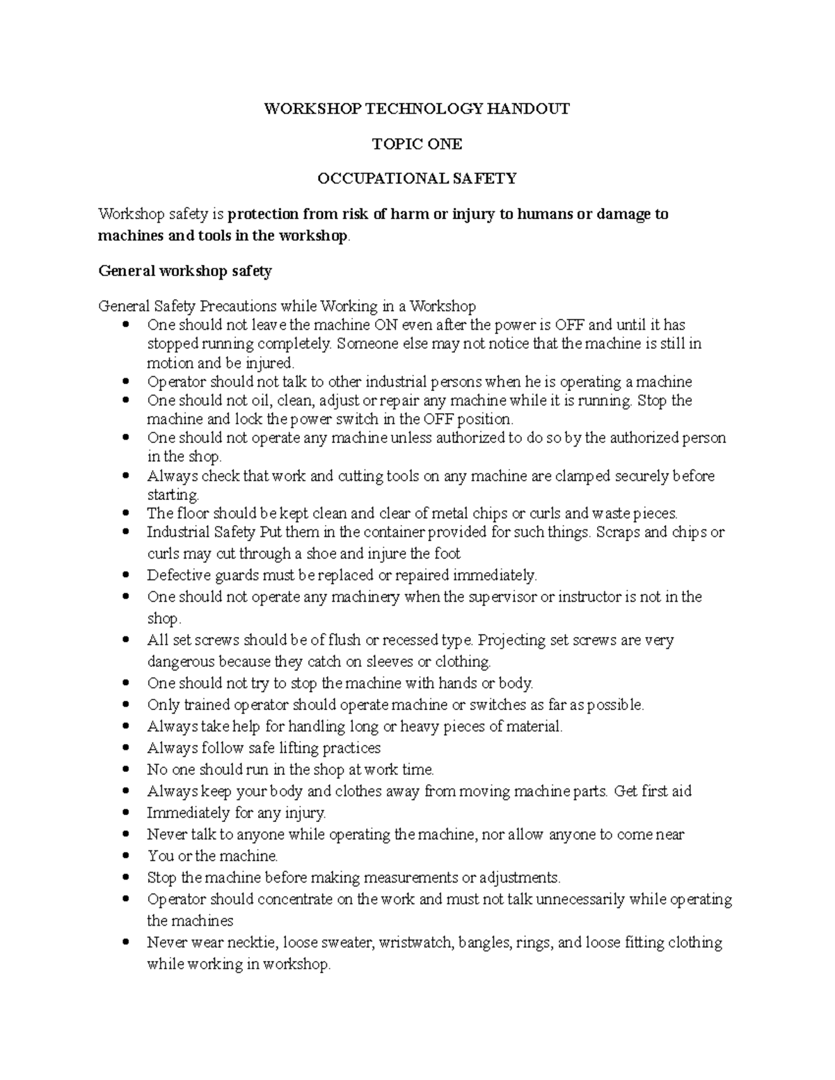 Occupational Safety and Workshop Technology Practice Notes - Studocu