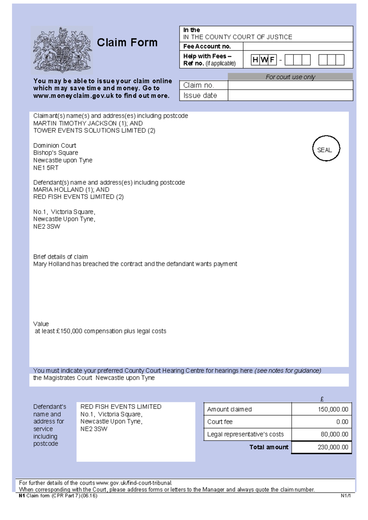 Claim Form N1: Breach of Contract - Tower Events Solutions vs. Red Fish ...