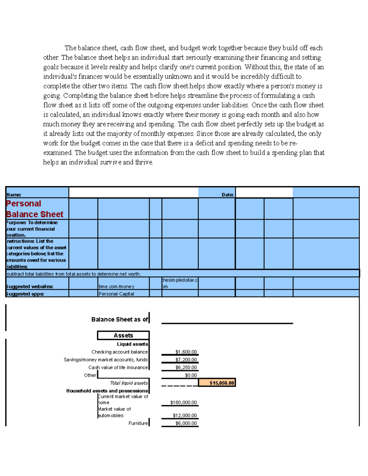Personal Finance Worksheets: Balance Sheet & Budget Exercise - Studocu