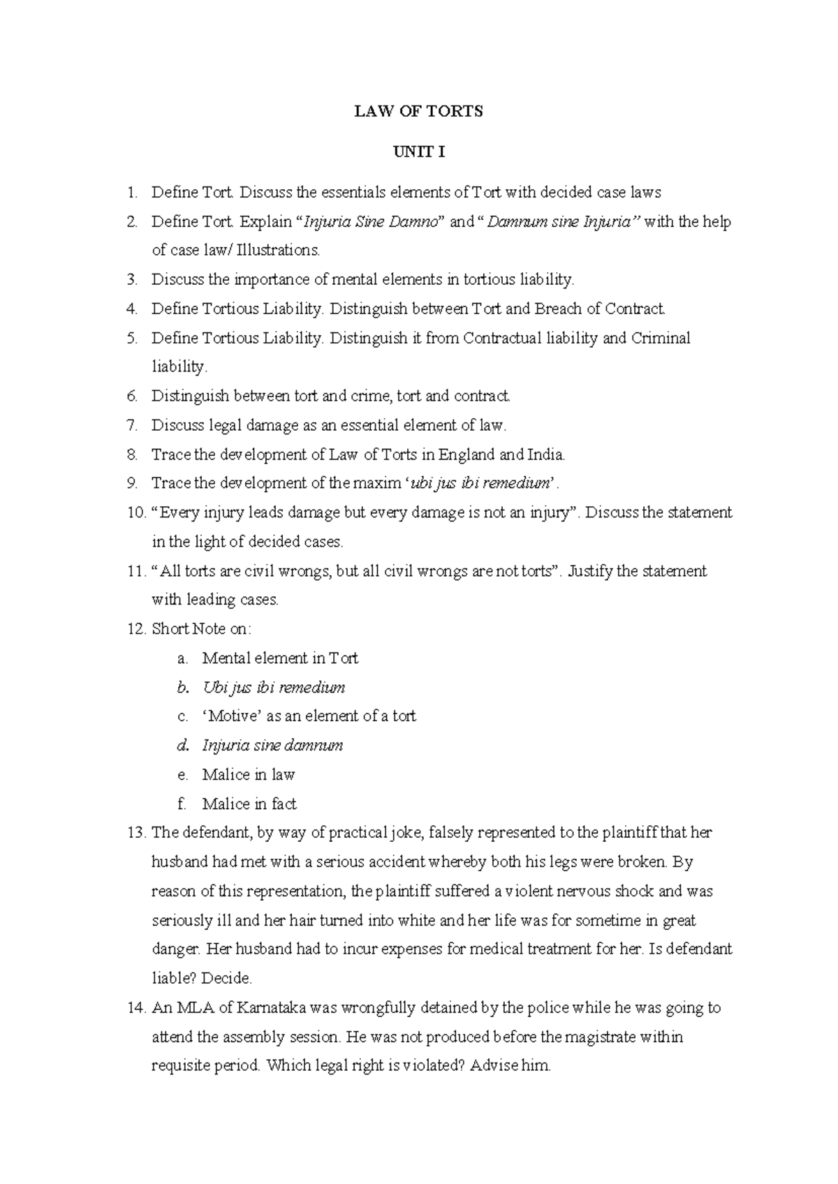 LAW OF TORTS UNIT I: Key Concepts and Case Discussions - Studocu