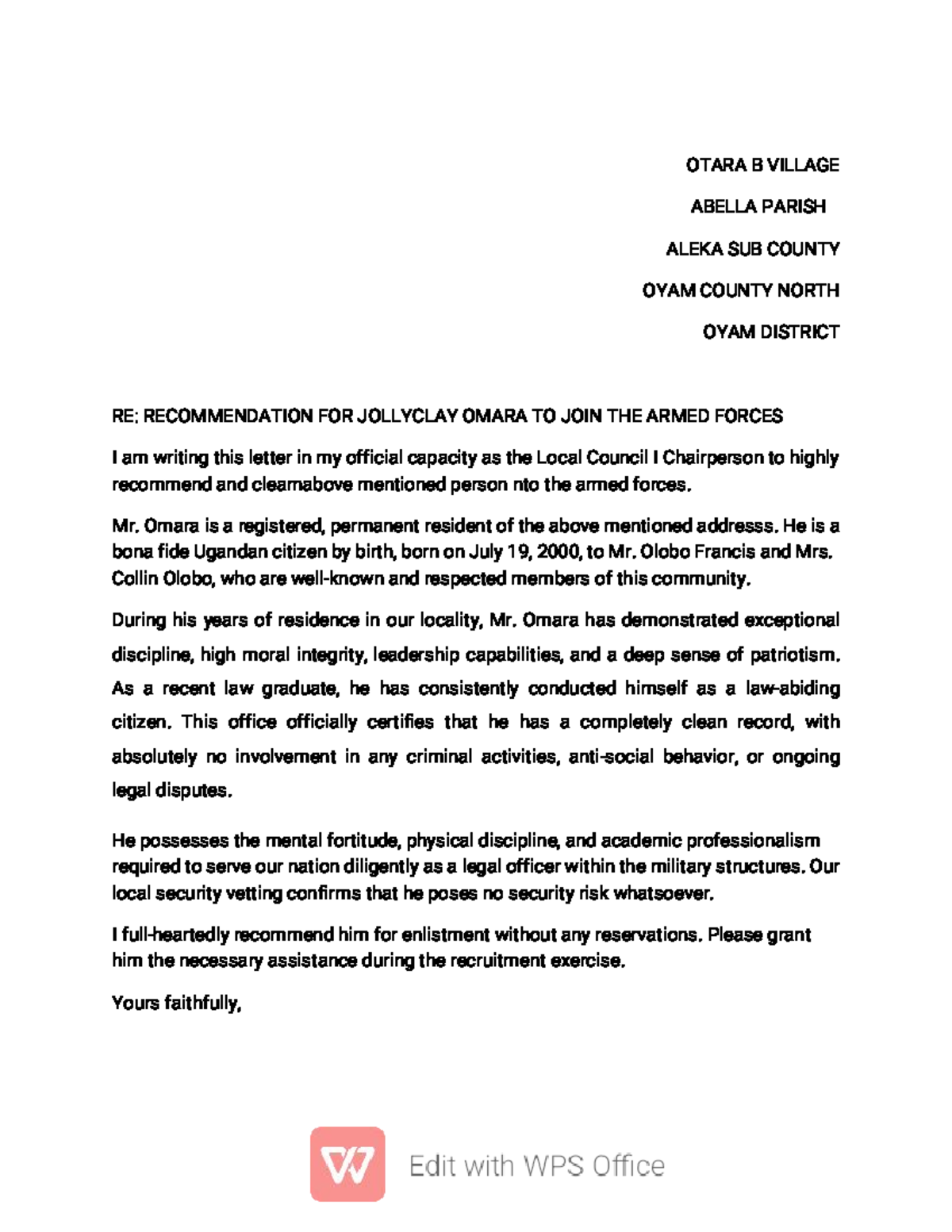 Recommendation Letter for Jollyclay Omara to Join Armed Forces - Studocu