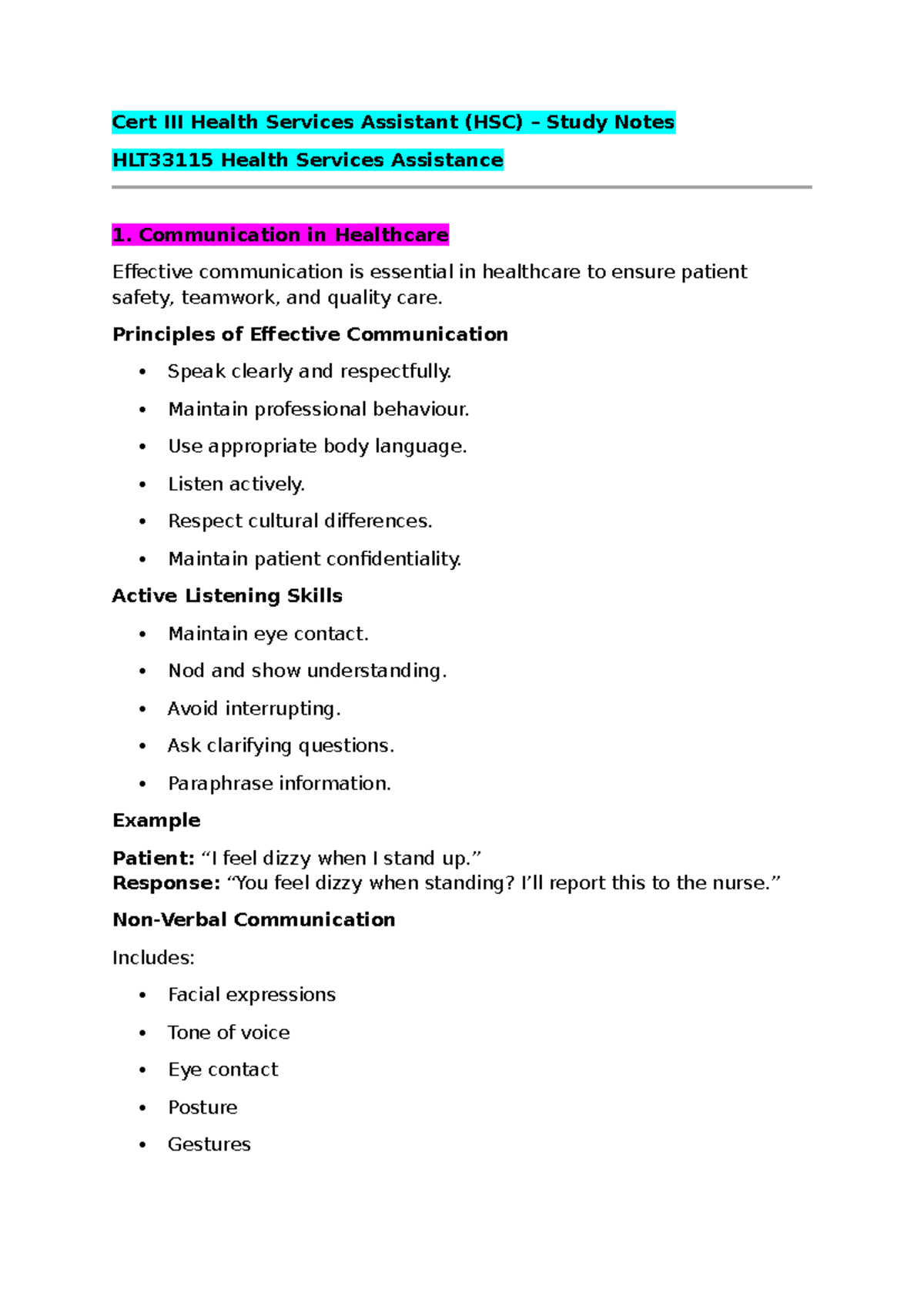 HLT33115 Health Services Assistant Study Notes: Communication & Safety ...