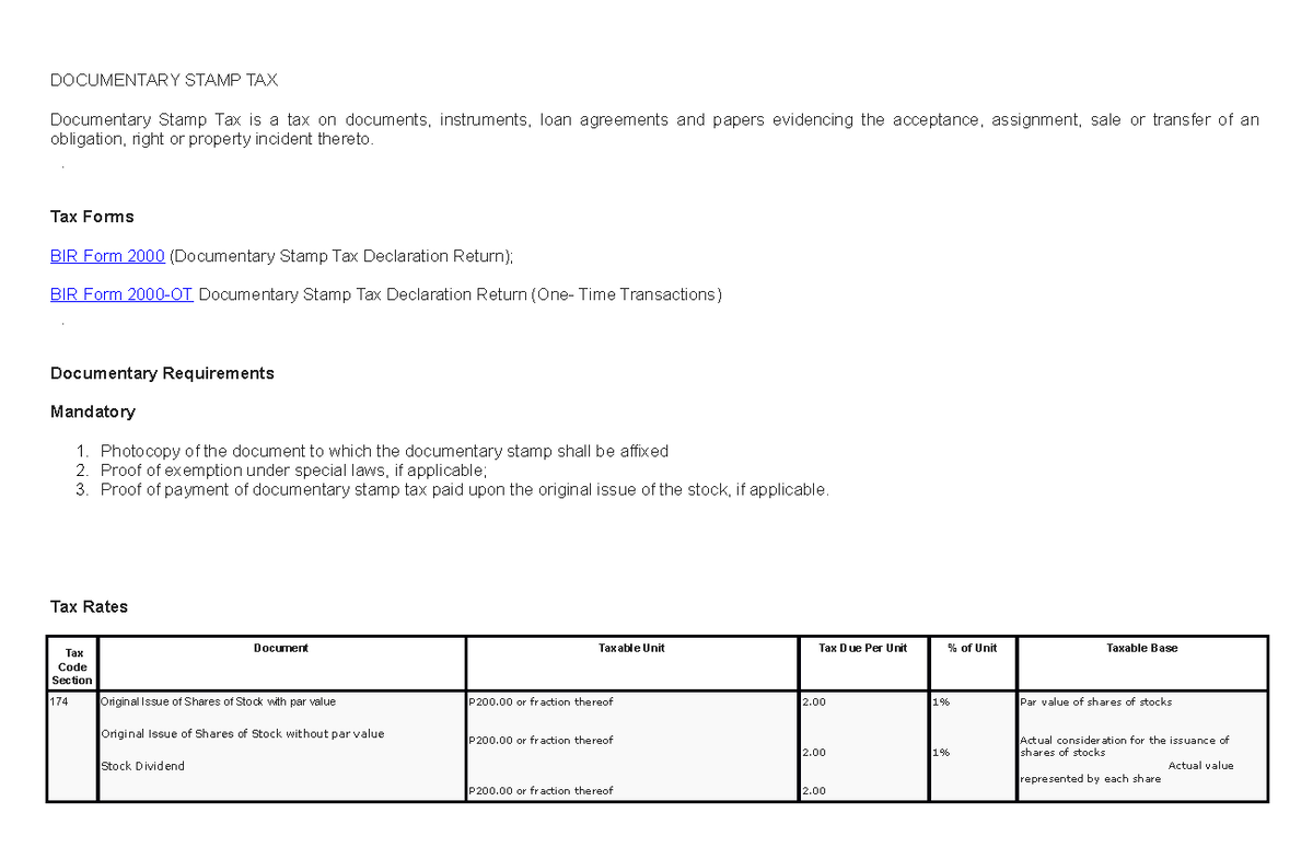 DST - Taxation Documentary Stamp - DOCUMENTARY STAMP TAX Documentary Stamp Tax is a tax on - Studocu