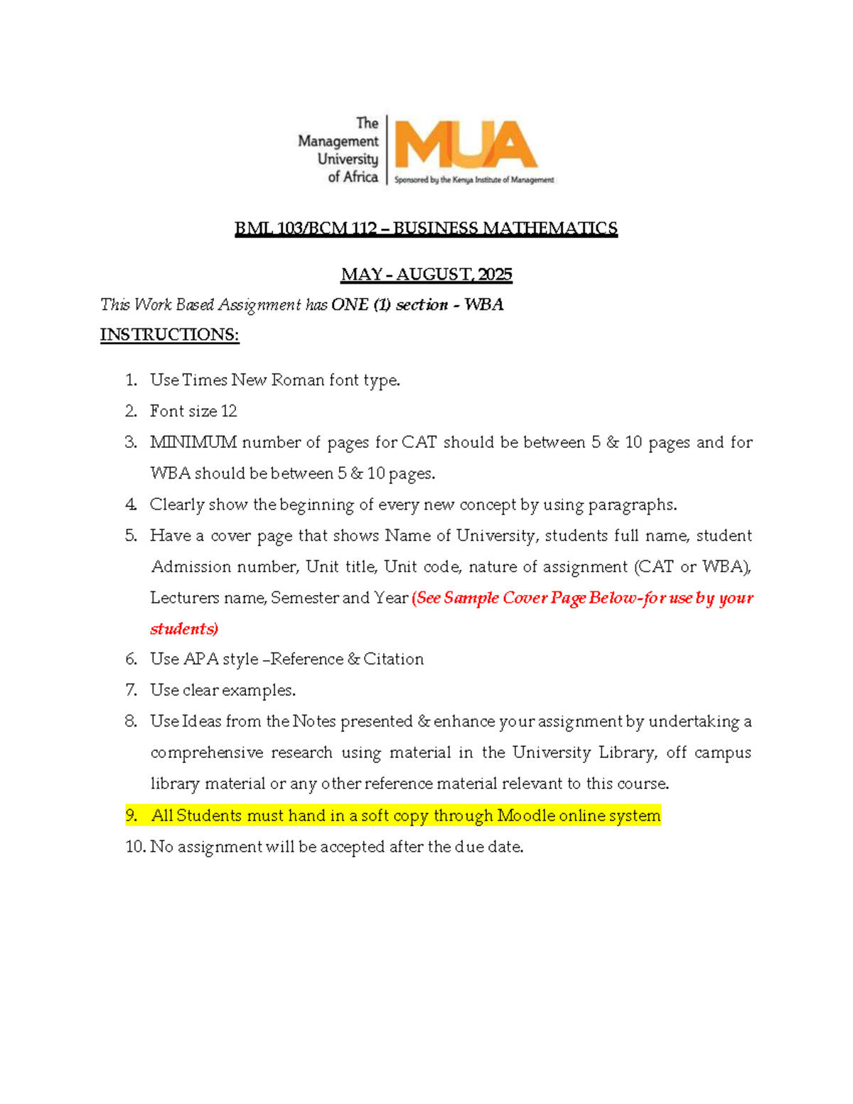 BML 112 Business Mathematics WBA Assignment Guidelines - May 2025 - Studocu