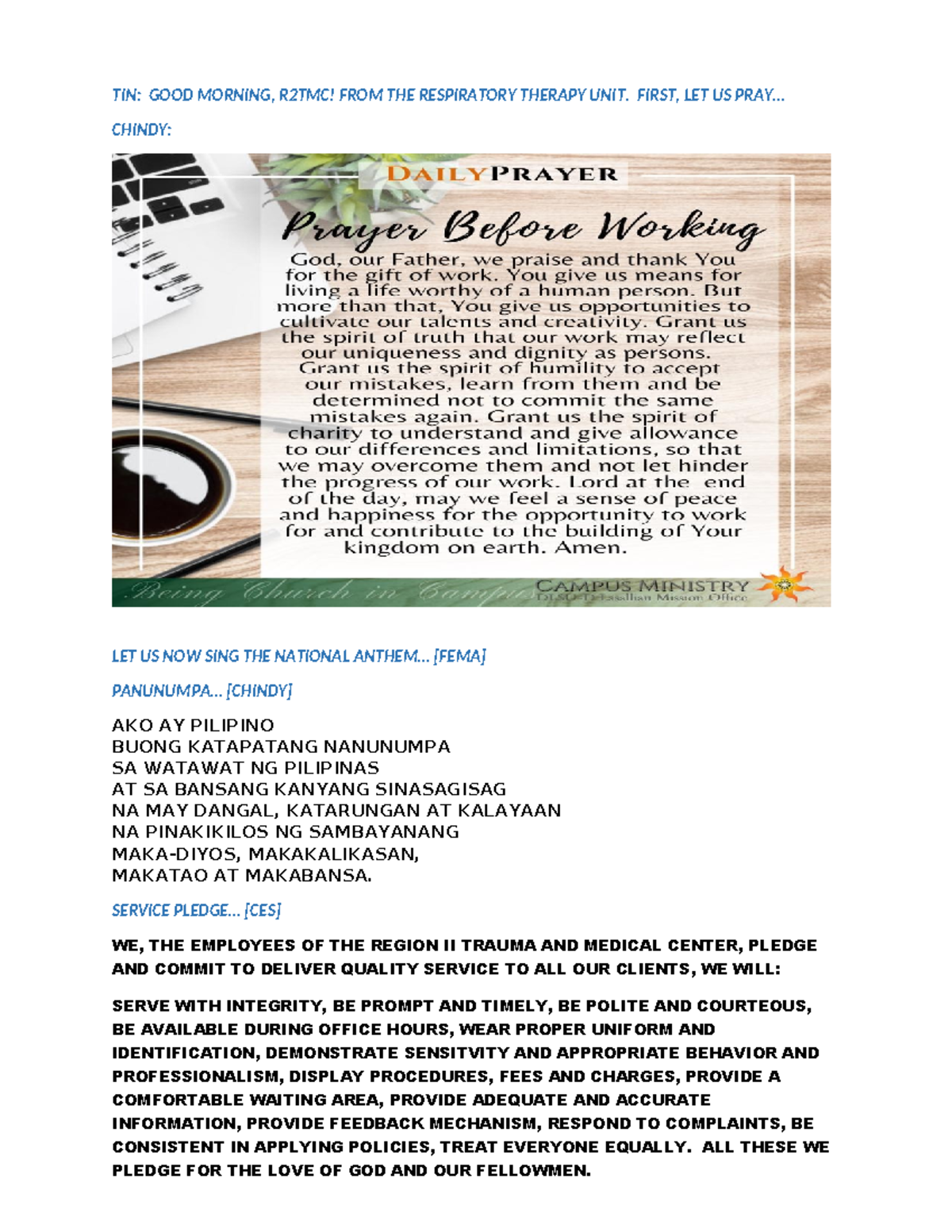 Flag Ceremony - R2TMC Pledge of Commitment to Quality Service - Studocu