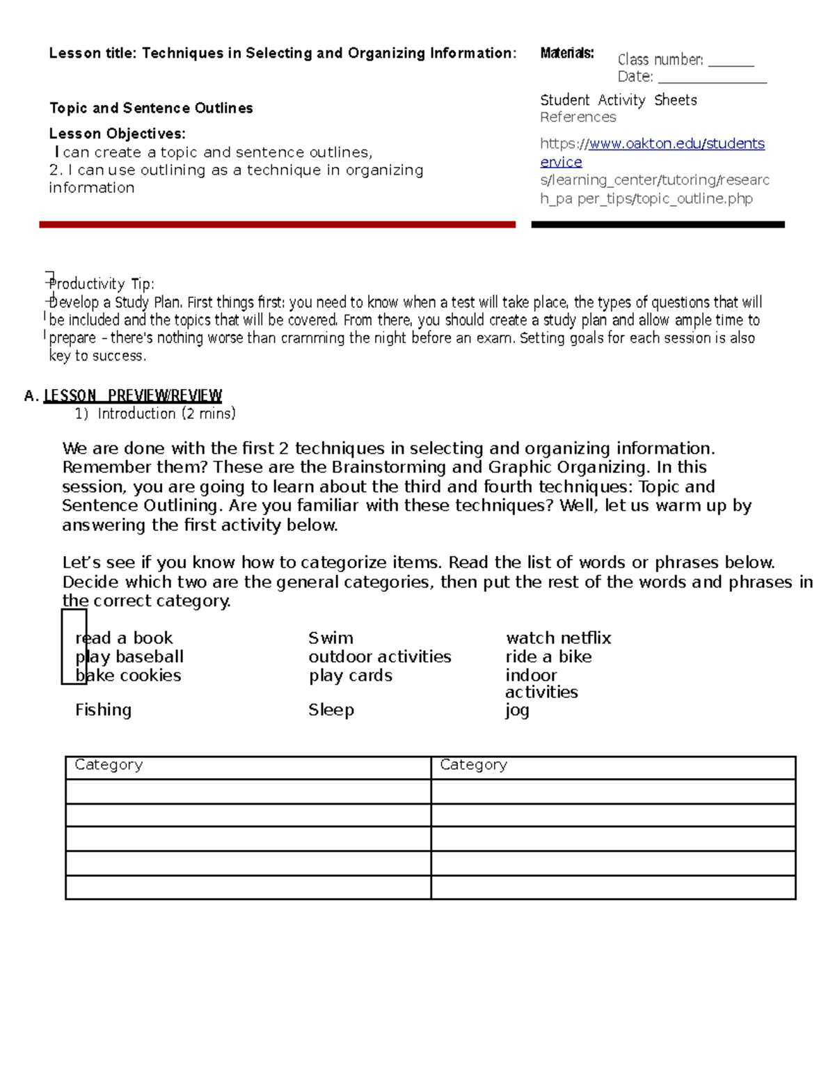 Techniques for Creating Topic and Sentence Outlines: A Lesson Guide ...