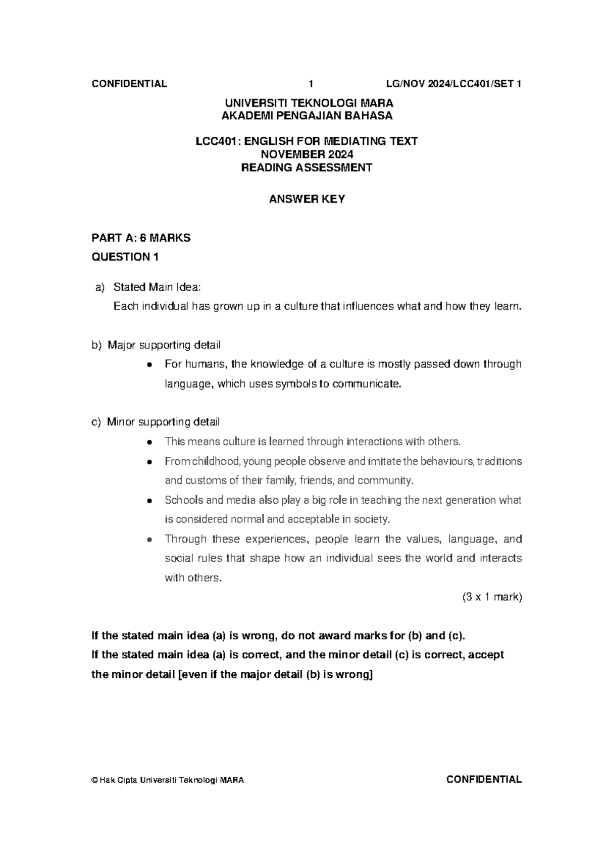 LCC401: English for Mediating Text - Reading Assessment Answer Key ...