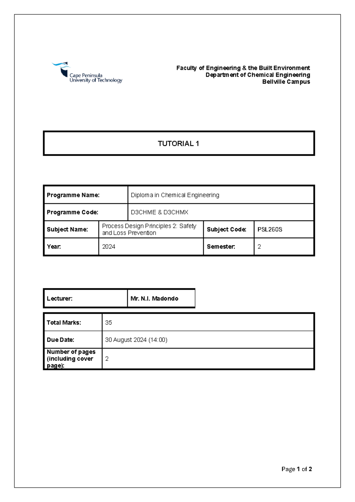 2024 PSL260S Tutorial 1 - Page 1 of 2 Faculty of Engineering & the ...