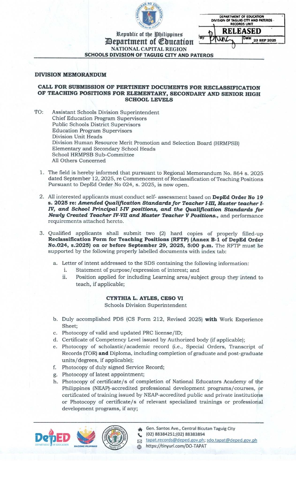 Reclassification Call for Teaching Positions: T-II to MT-V (DepEd Order ...