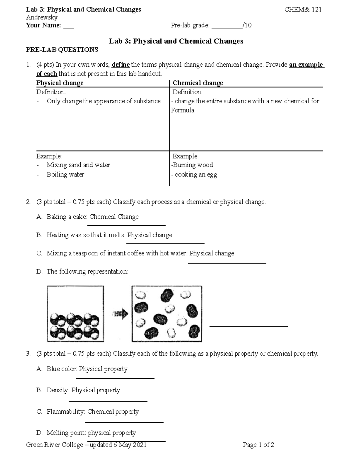 Lab #3 - Physical and Chemical Changes - Pre-lab - Lab 3: Physical and ...