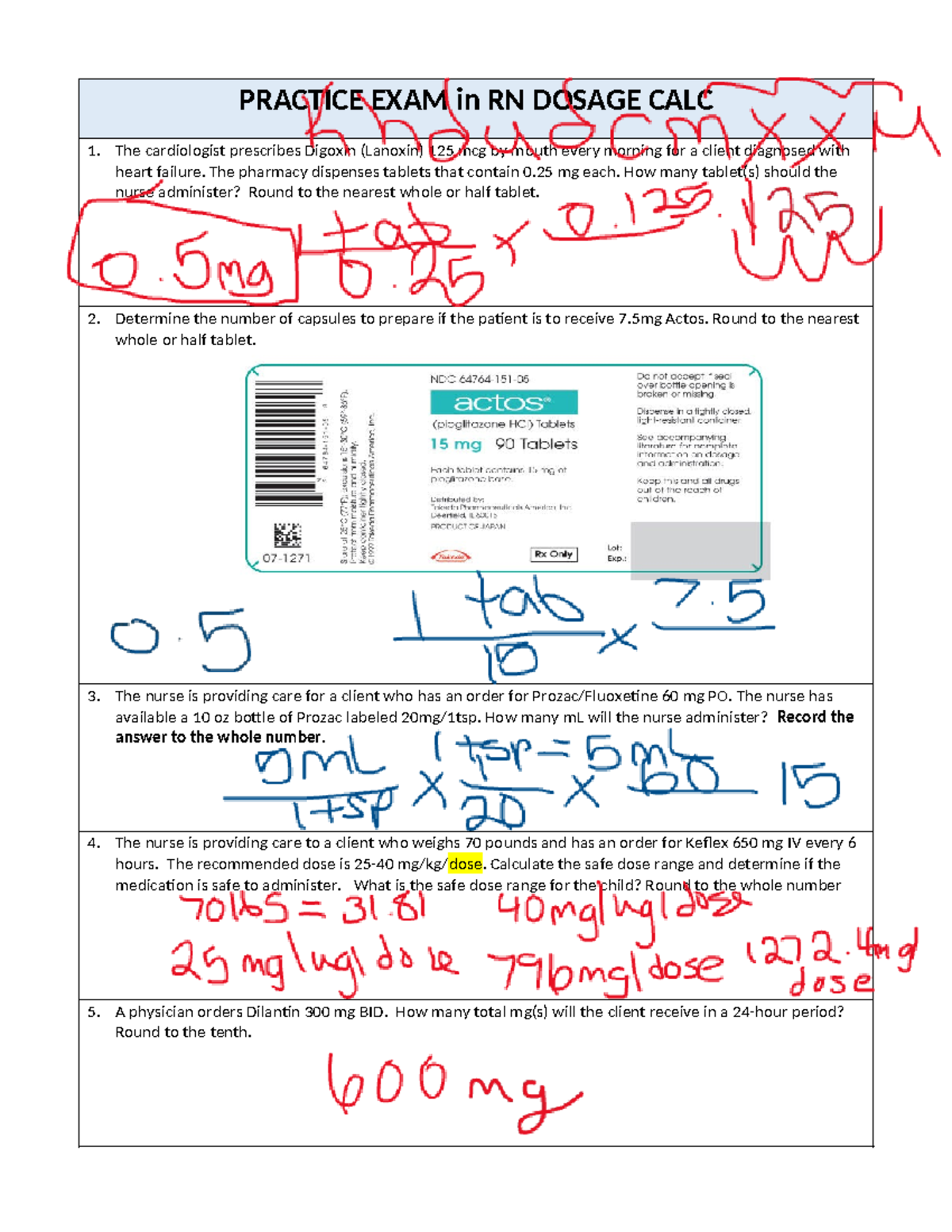 RN Dosage Calc Practice Exam: Medications & Dosage Calculations - Studocu
