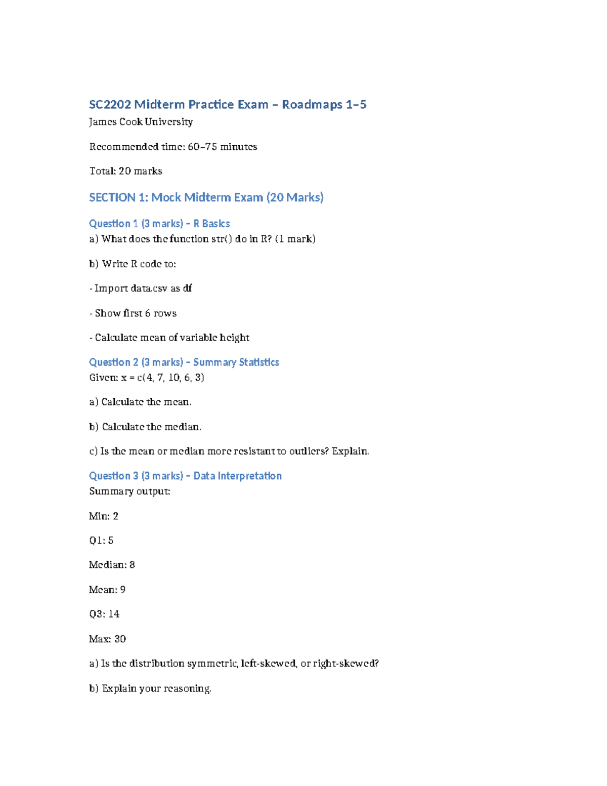 SC2202 Midterm Practice Exam Roadmaps - James Cook University - Studocu