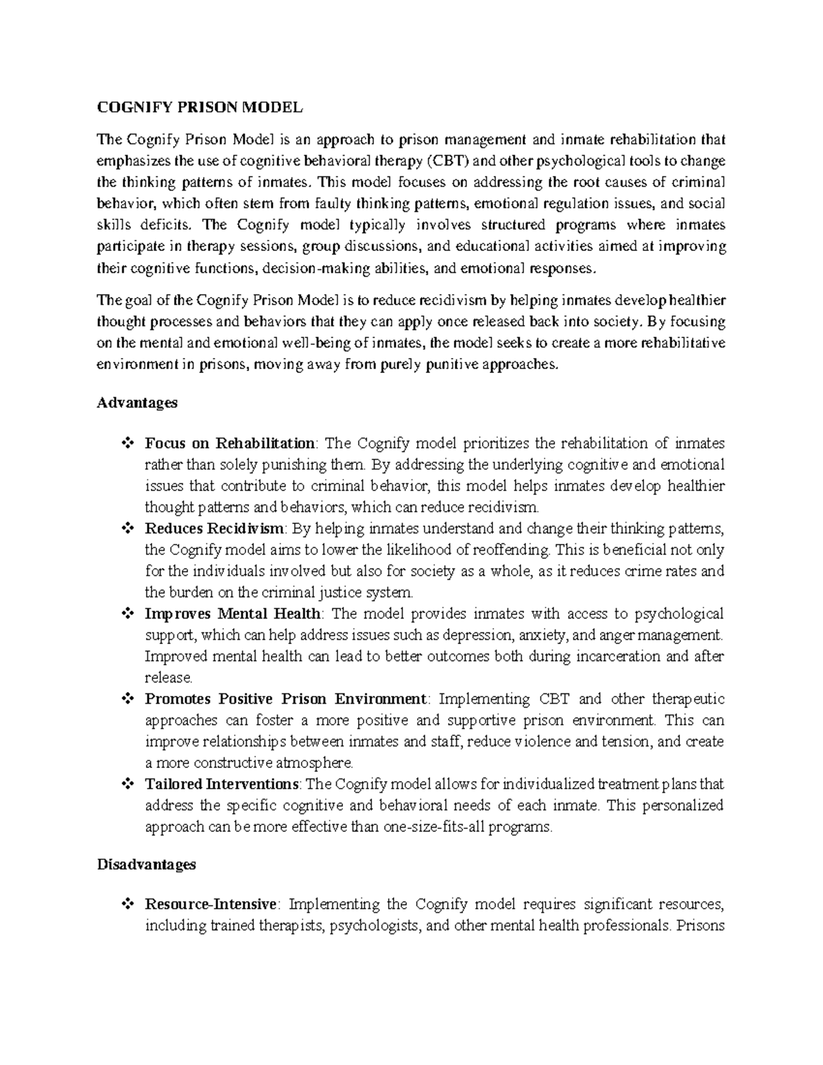 Cognify Prison Model: A Method for Inmate Rehabilitation and CBT - Studocu