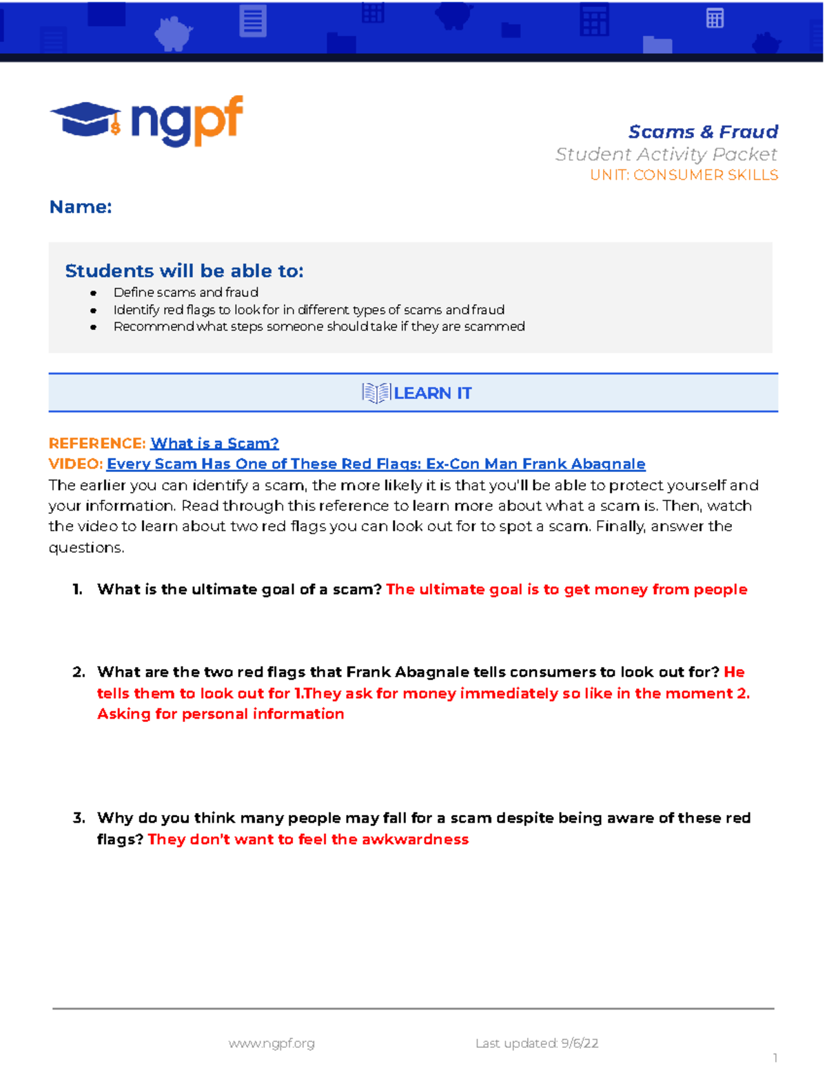 Scams & Fraud Student Activity Packet: Consumer Skills Unit - Studocu
