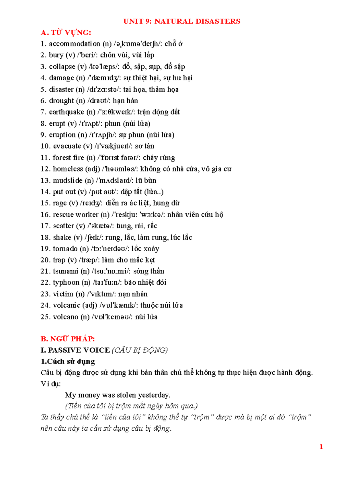 E8 UNIT 9: VOCABULARY AND GRAMMAR ON NATURAL DISASTERS - Studocu