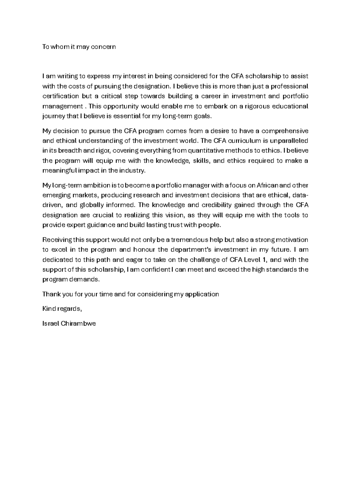 CFA Level 1 Scholarship Application Motivation Letter - Studocu