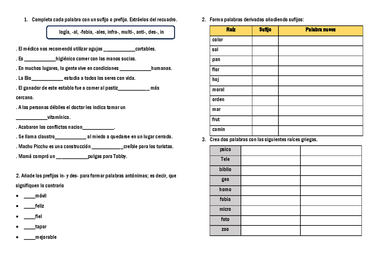 Ejercicio de Prefijos y Sufijos - RV - 5to Grado - Studocu