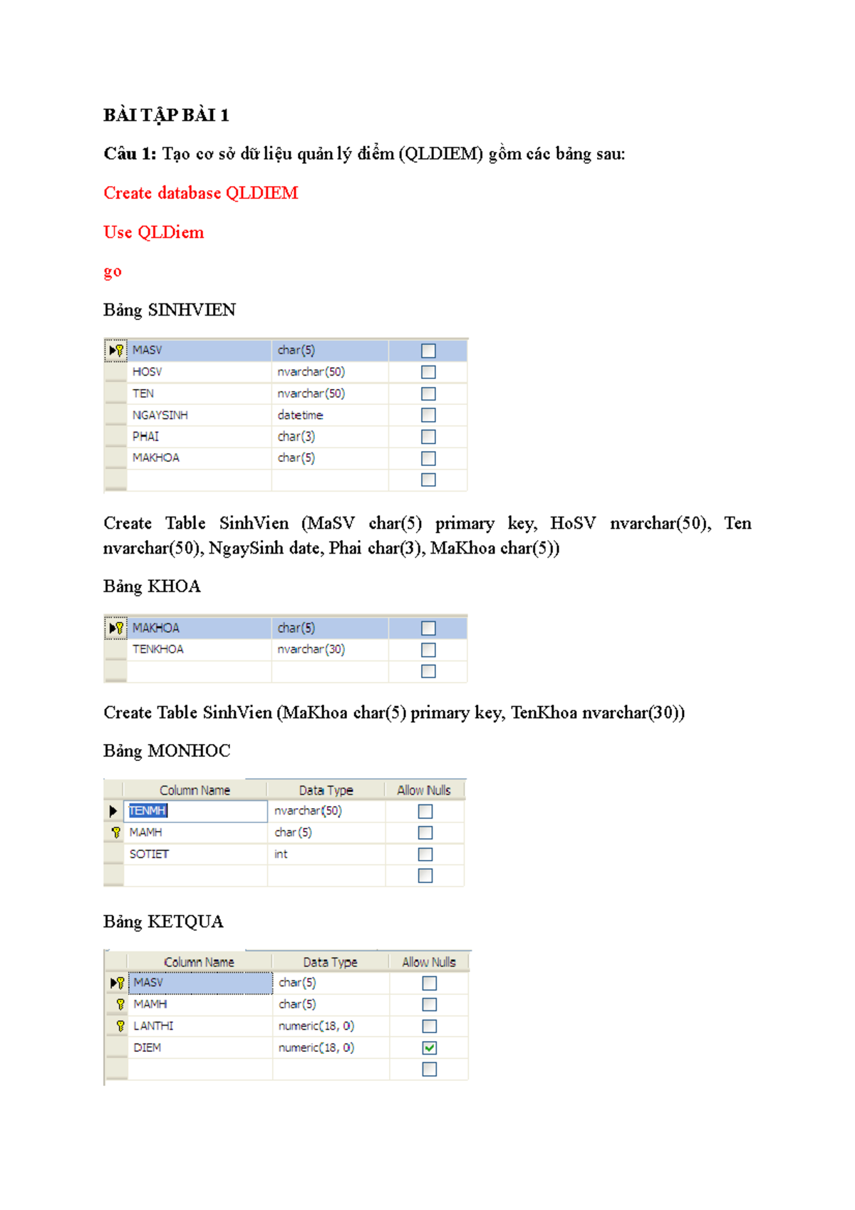 Baitap SQL 13 - Cơ Sở Dữ Liệu QLDIEM và QLNV - Studocu