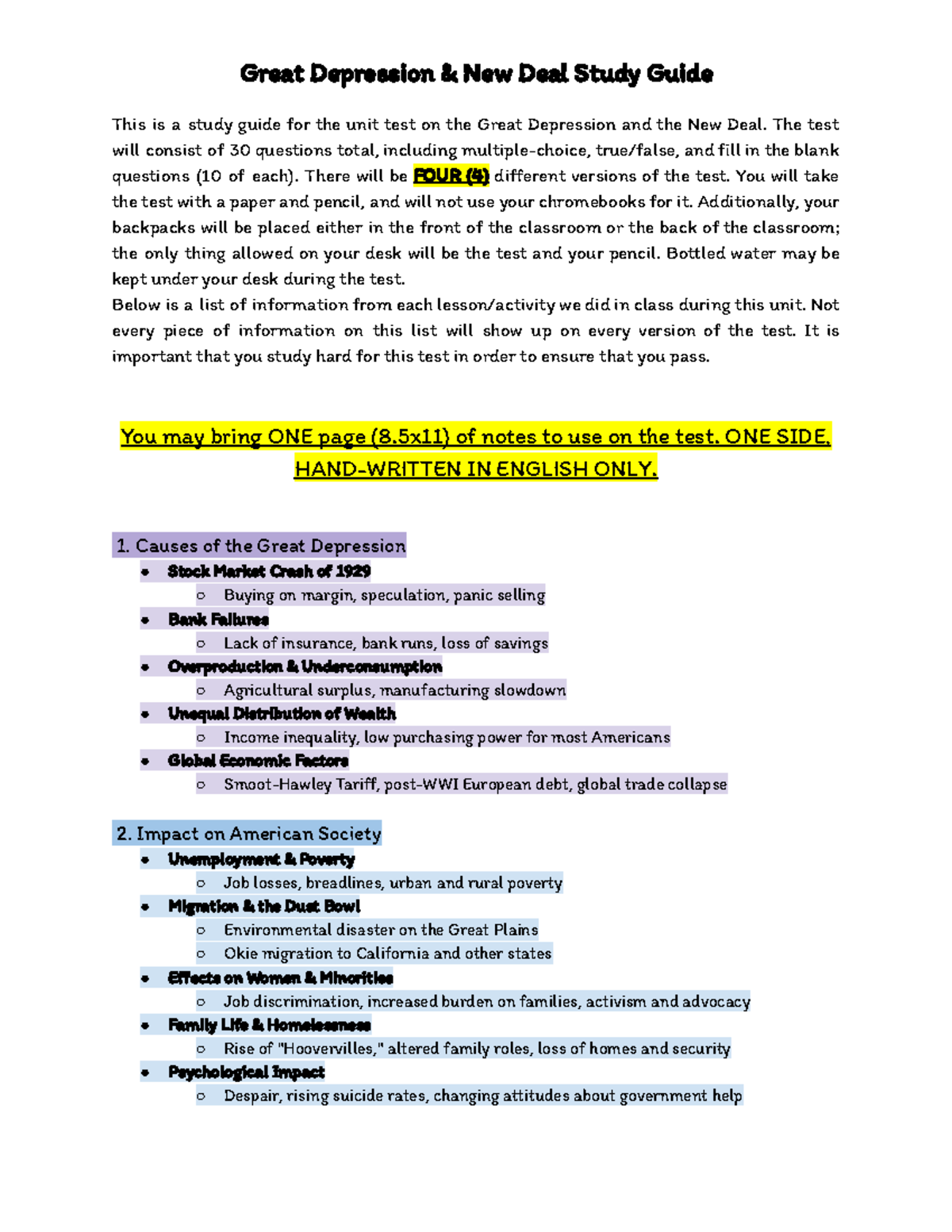 Great Depression & New Deal Unit Test Study Guide (History 101) - Great ...