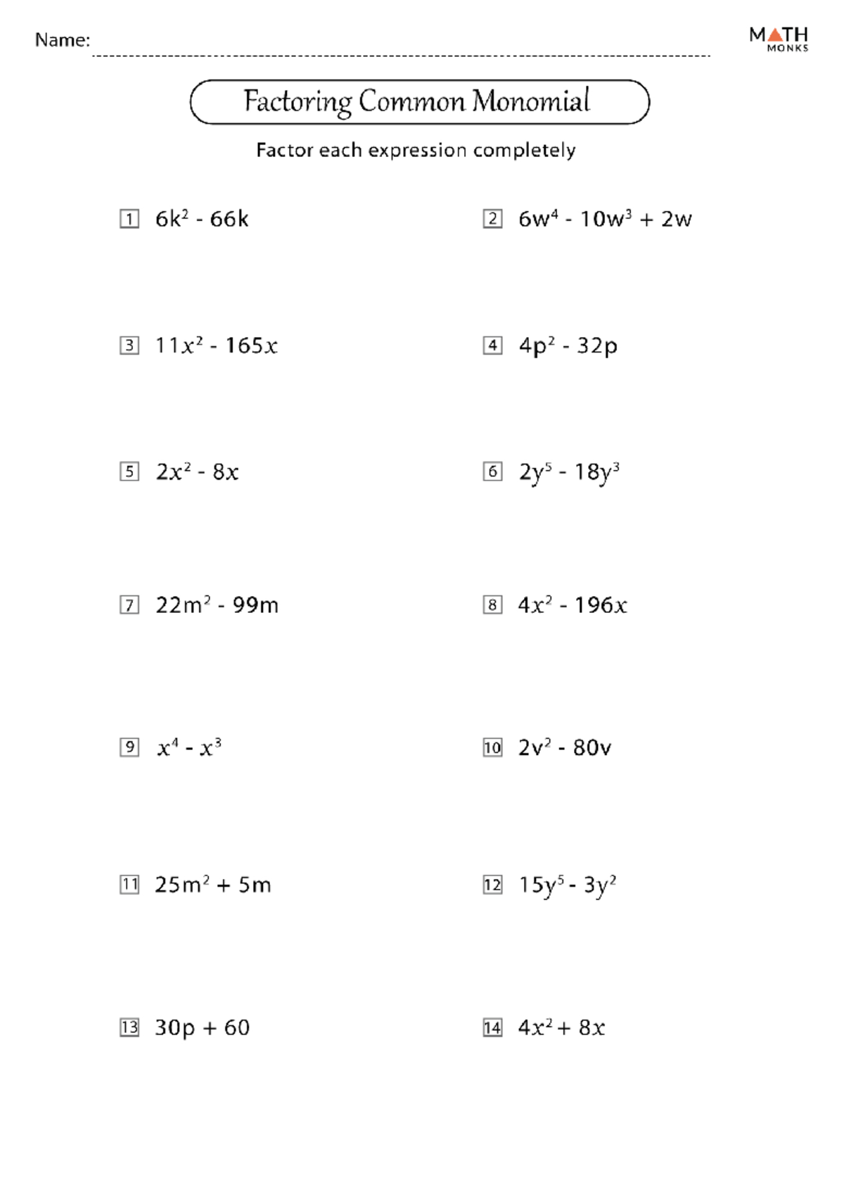 MATH 101: Factoring Common Monomial Factors Worksheet - Studocu