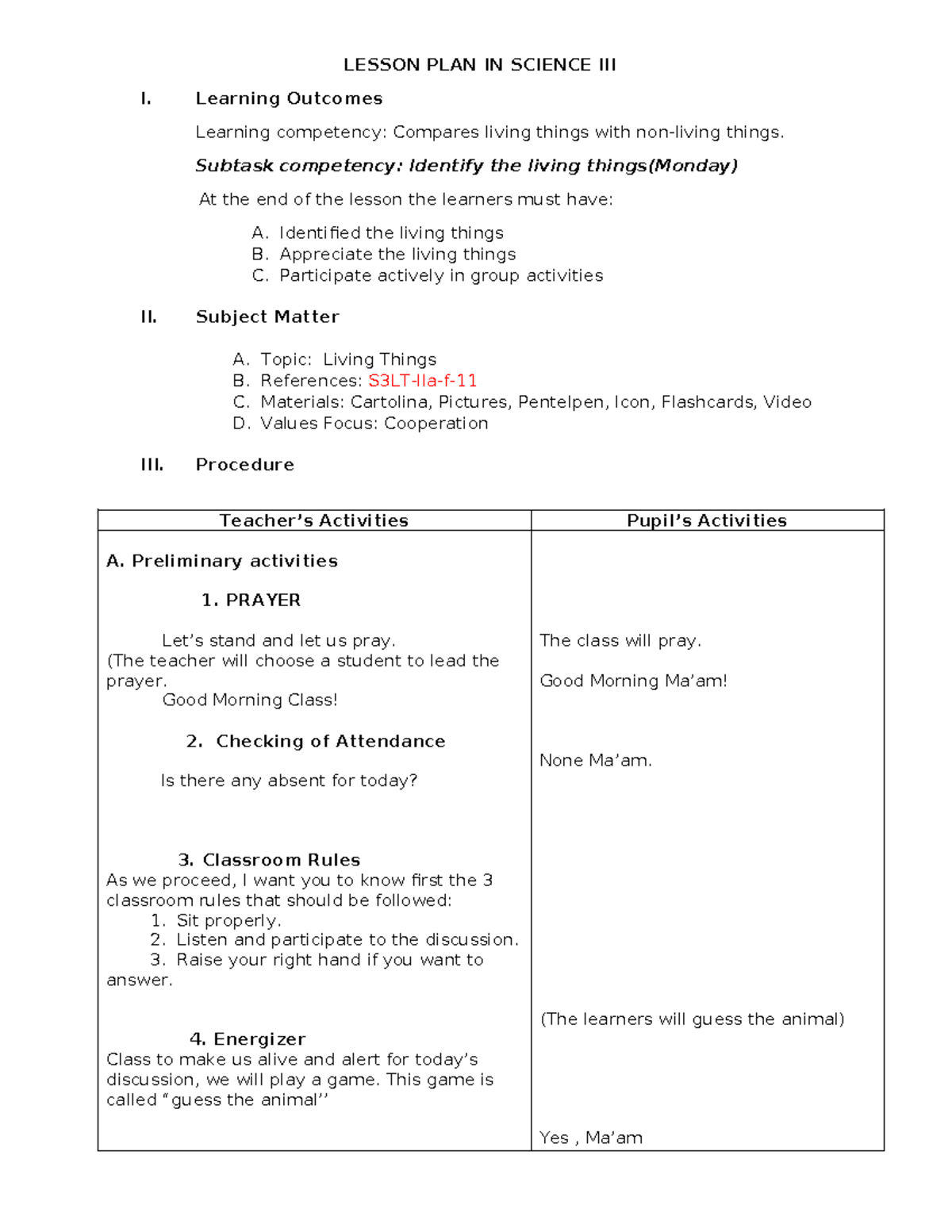 Living Things Lesson Plan - Science I - Studocu