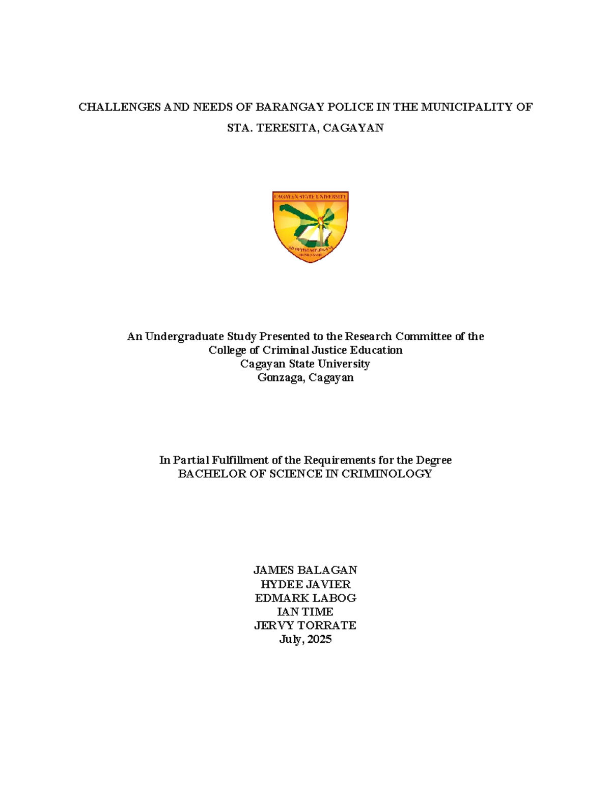 Coverpage - Pls read - Bachelor of Science in Criminology - CHALLENGES ...