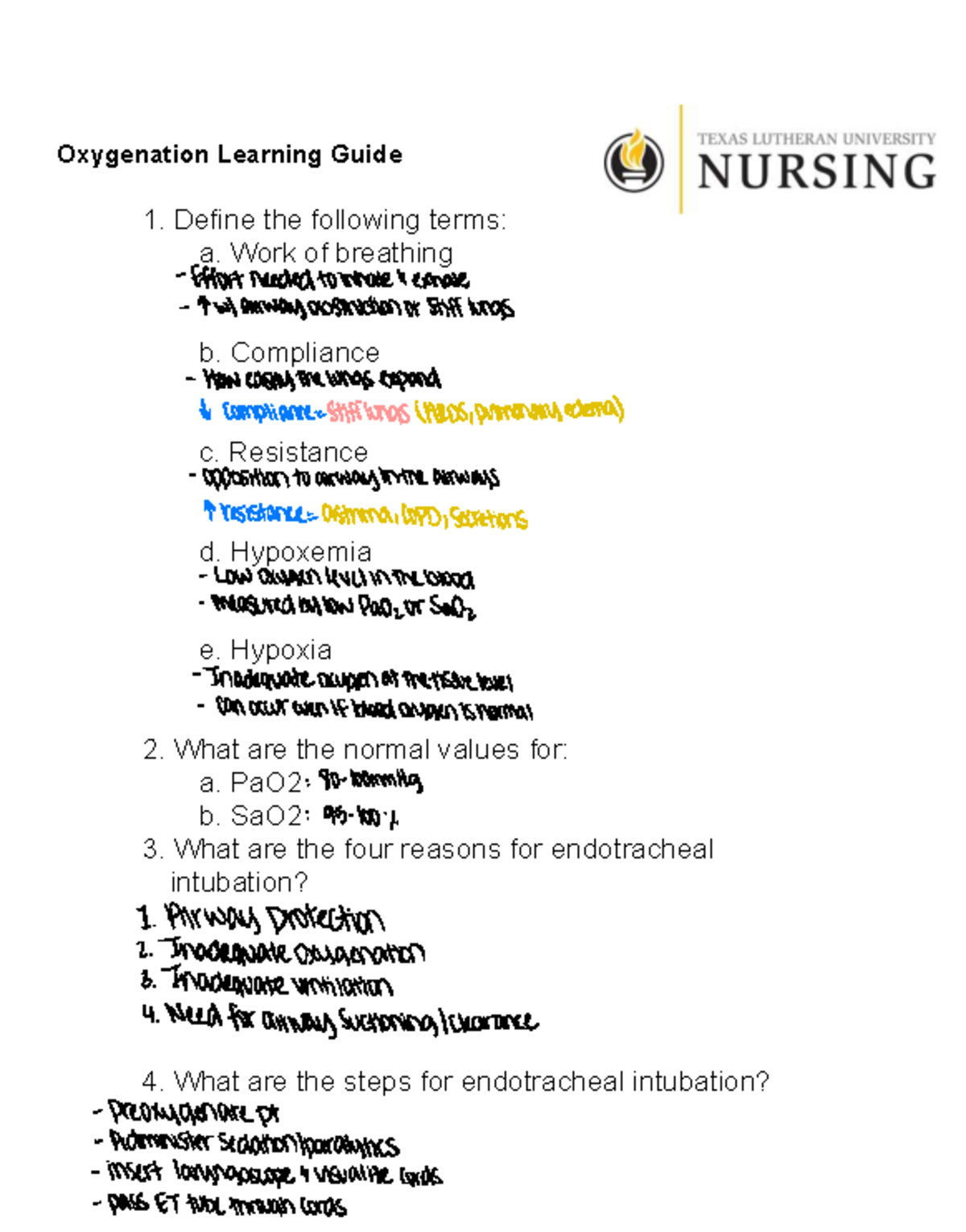 Oxygenation Learning Guide (Week 2) - Key Concepts & Definitions - Studocu