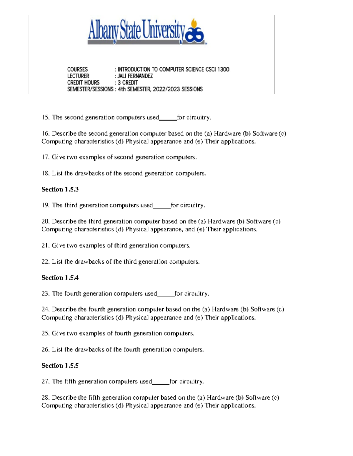 CSCI 1300 Introdution TO Computer Science BAB-1-110-5 - The second ...