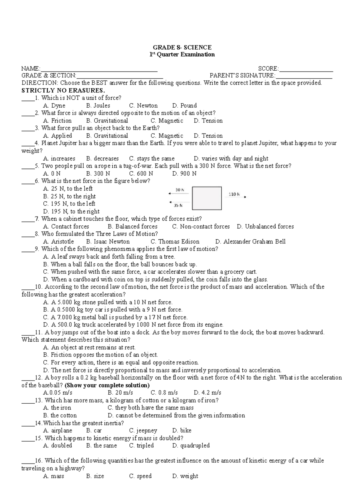 1st Periodic test science 8 - GRADE 8- SCIENCE 1 st Quarter Examination ...