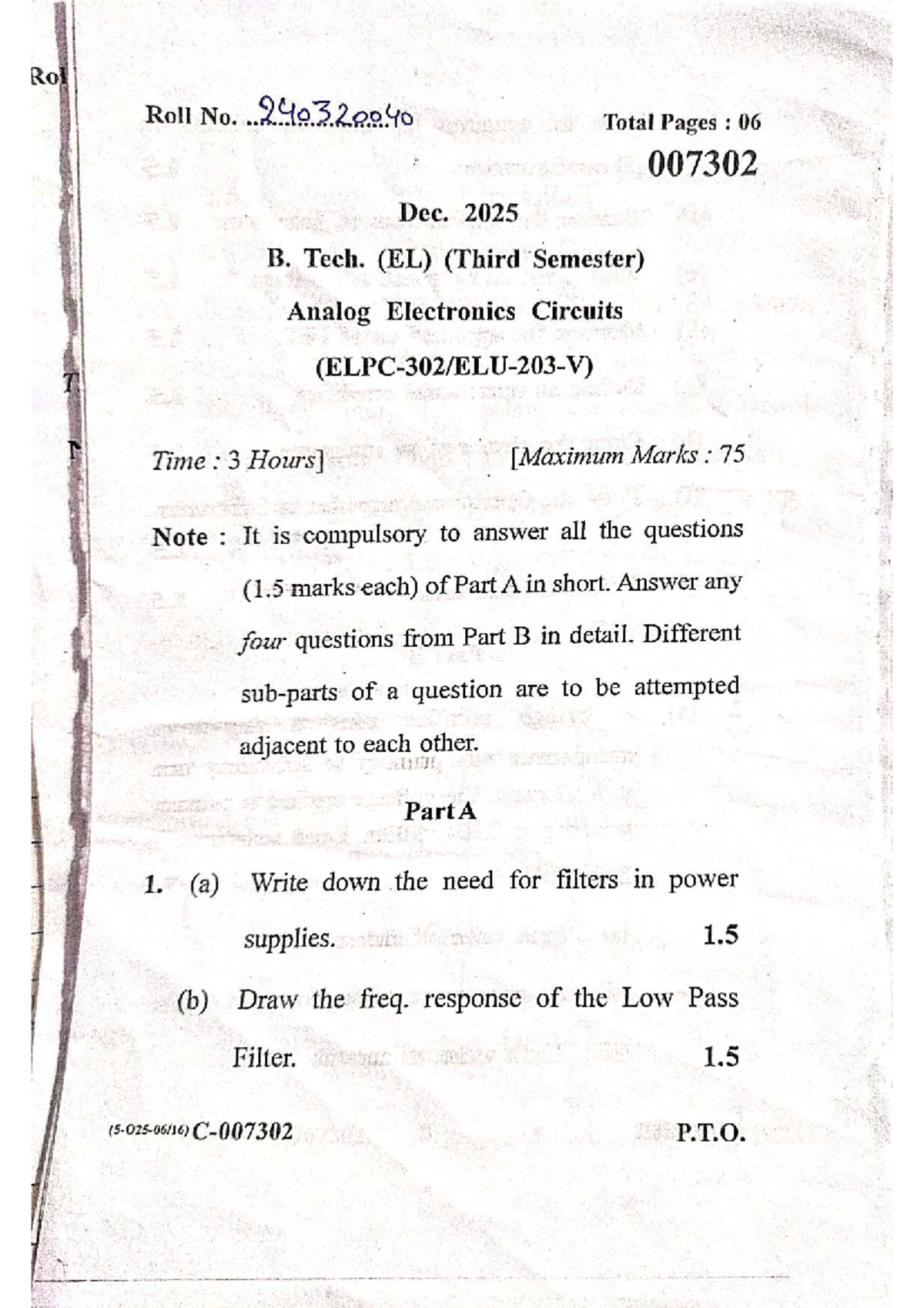 AEC 007302 B. Tech. (EL) 3rd Sem Analog Electronics Exam Paper 2025 ...