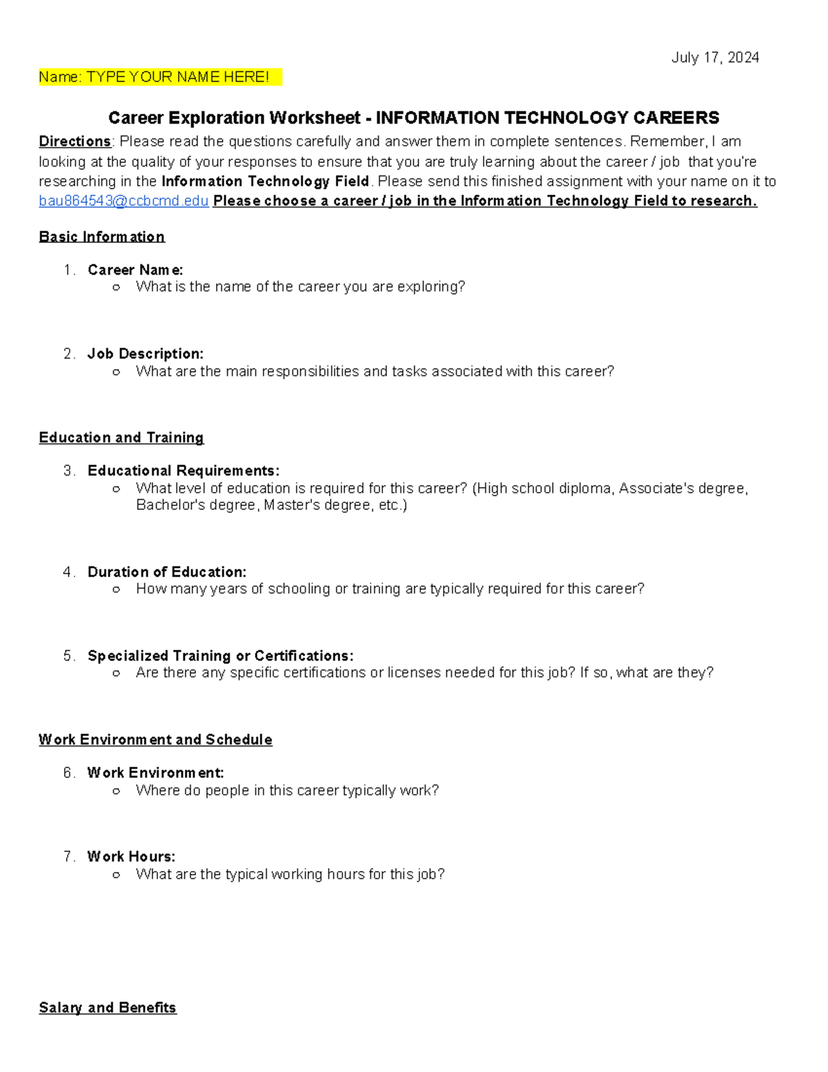 IT Career Exploration Worksheet - July 17, 2024 Assignment - Studocu