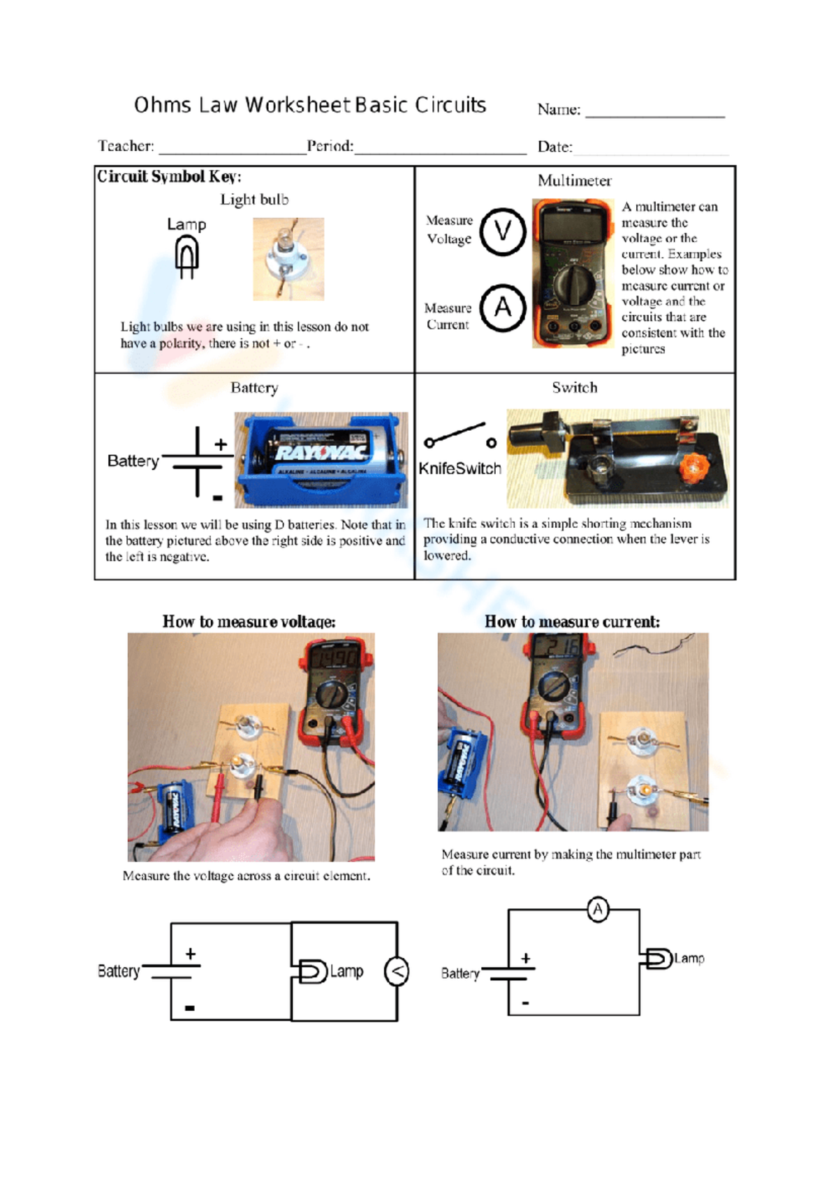 Ohms Law Worksheet Basic Circuits - Examples below show how to measure ...