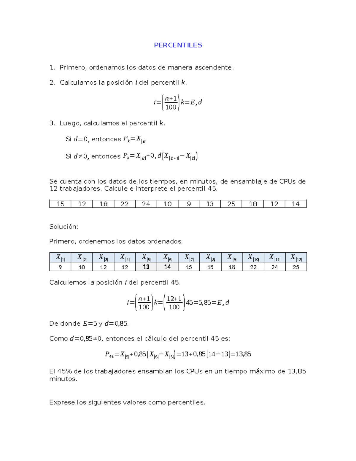 Percentiles y Cálculo del Percentil 45 - MAT101 - Studocu