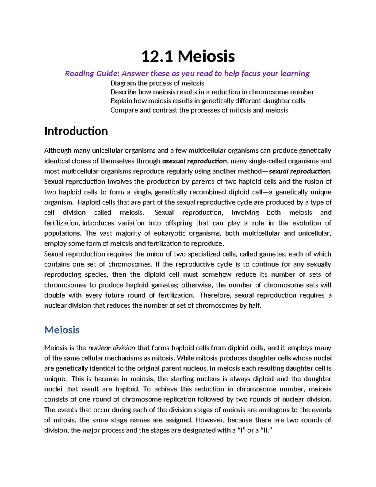 12.1 Meiosis Reading Guide: Key Concepts and Processes Explained - Studocu