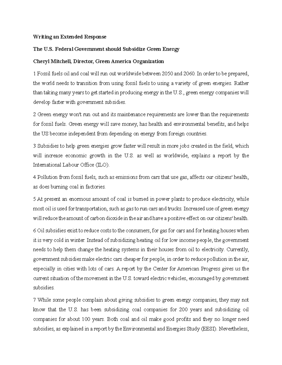 Green Energy ER - Extended Response Essay on U.S. Subsidies - Studocu