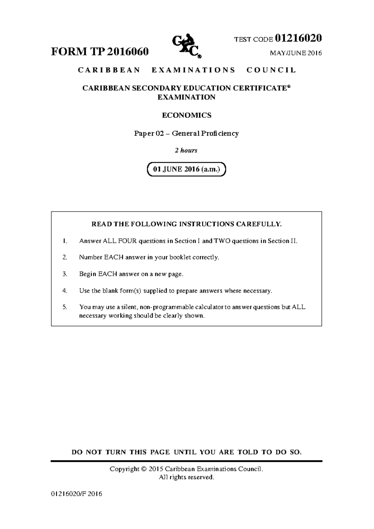 CSEC Economics Paper 02 Exam - May/June 2016 - Studocu
