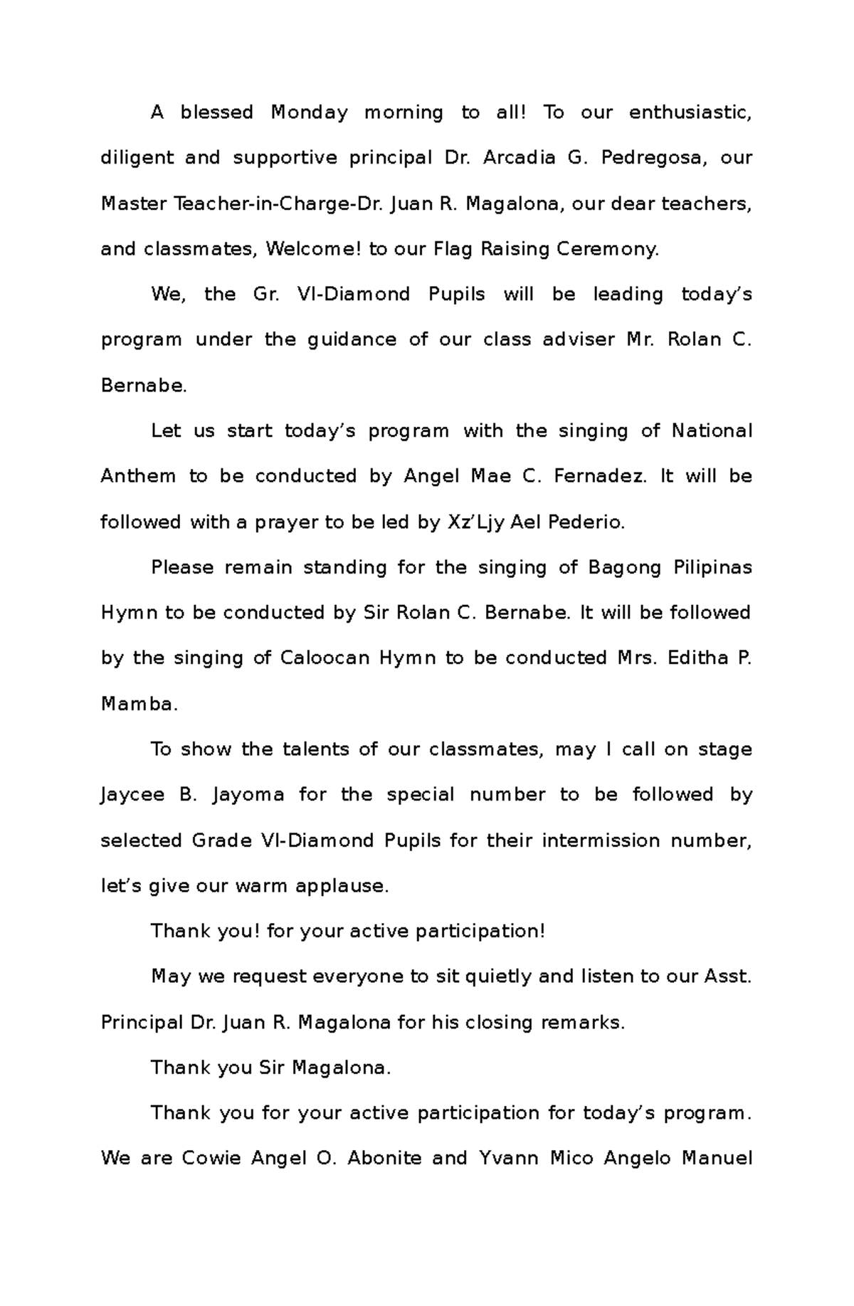 Flag Raising Ceremony Script for Gr. Pupils - Studocu