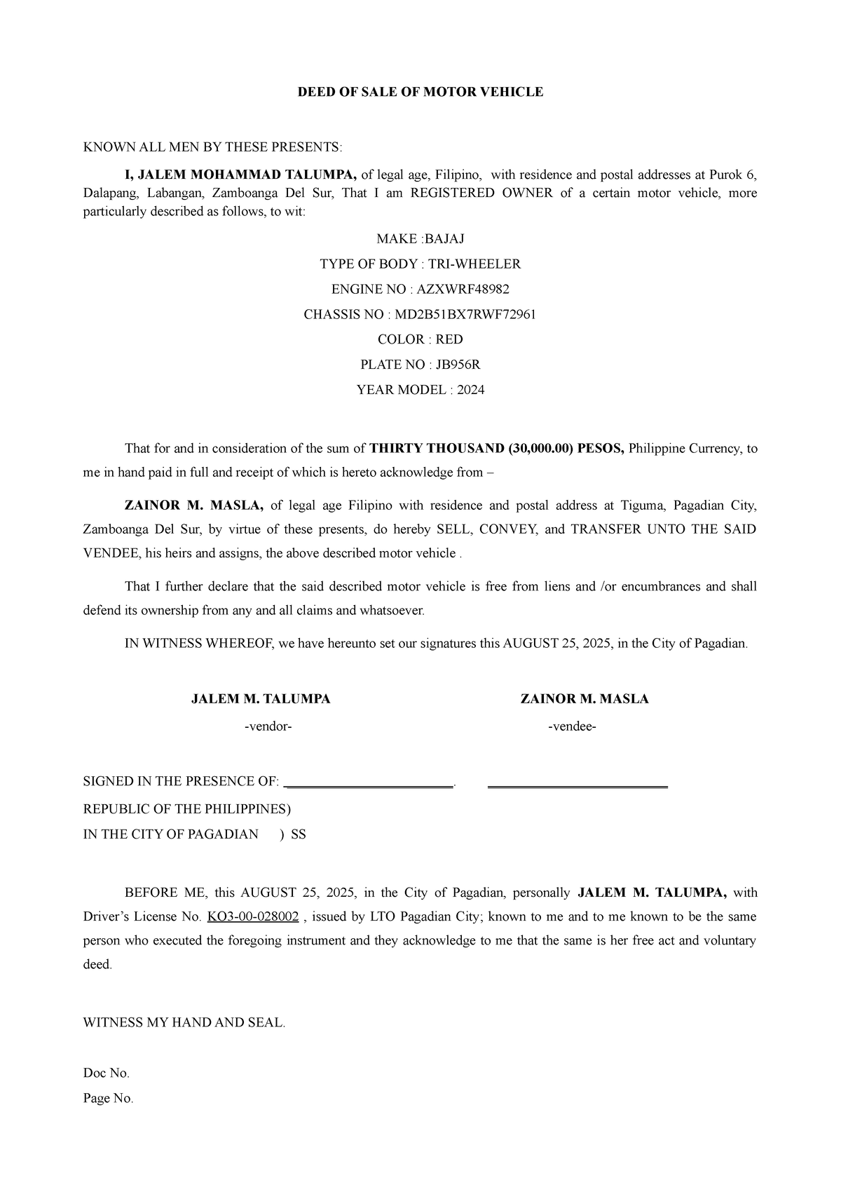 Deed of Sale of Motor Vehicle - JALEM M. TALUMPA to ZAINOR M. MASLA ...