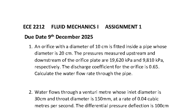 ECE 2212 Fluid Mechanics I Assignment 1: Flow Rate Calculations - Studocu