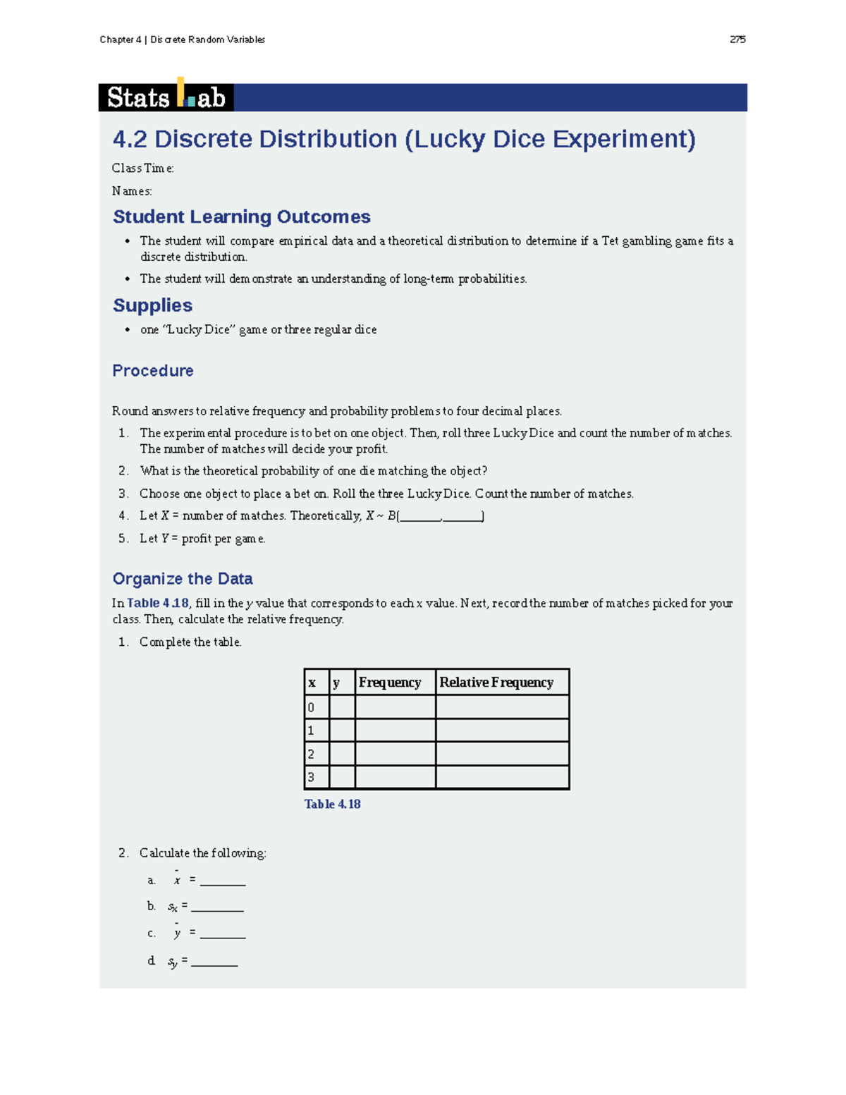 Chapter 4: Discrete Random Variables & Lucky Dice Experiment ...