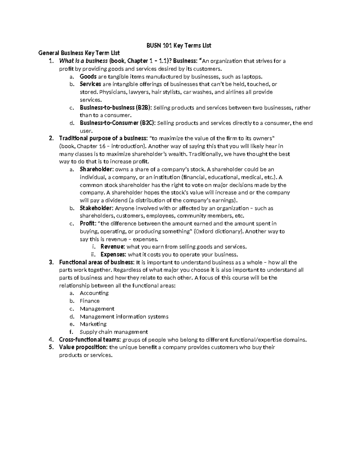 2024 BUSN 101 Key Terms List for General Business Concepts - Studocu
