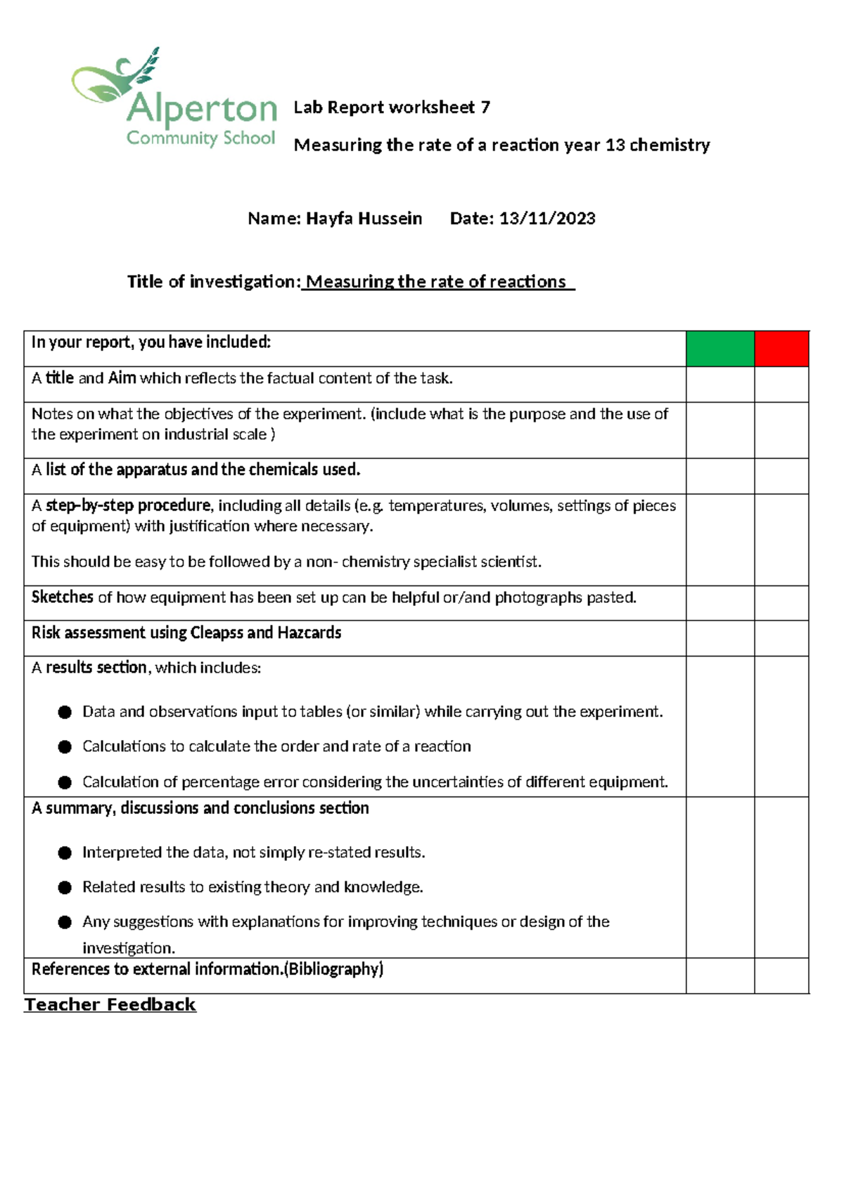 Year 13 Chem RP 7: Measuring Rate of Reactions Lab Report Template ...