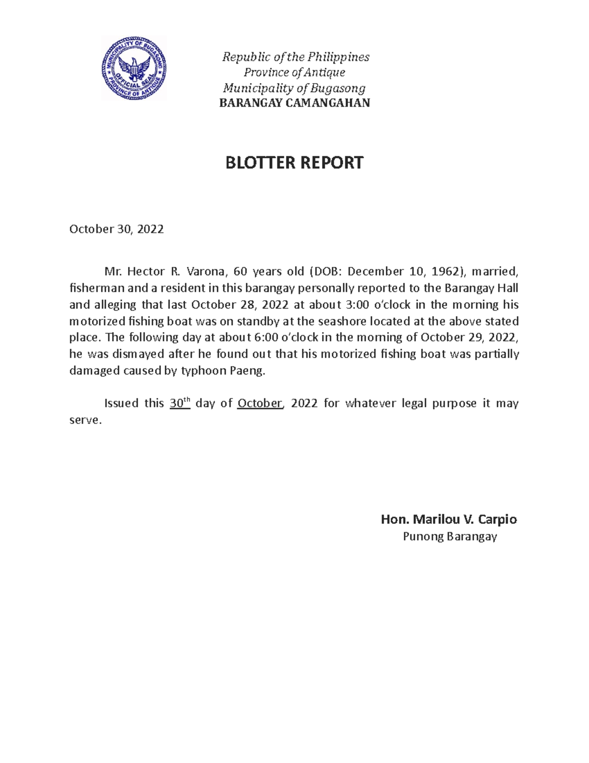 Blotter Report Hector R. Varona final - Republic of the Philippines Province of Antique ...