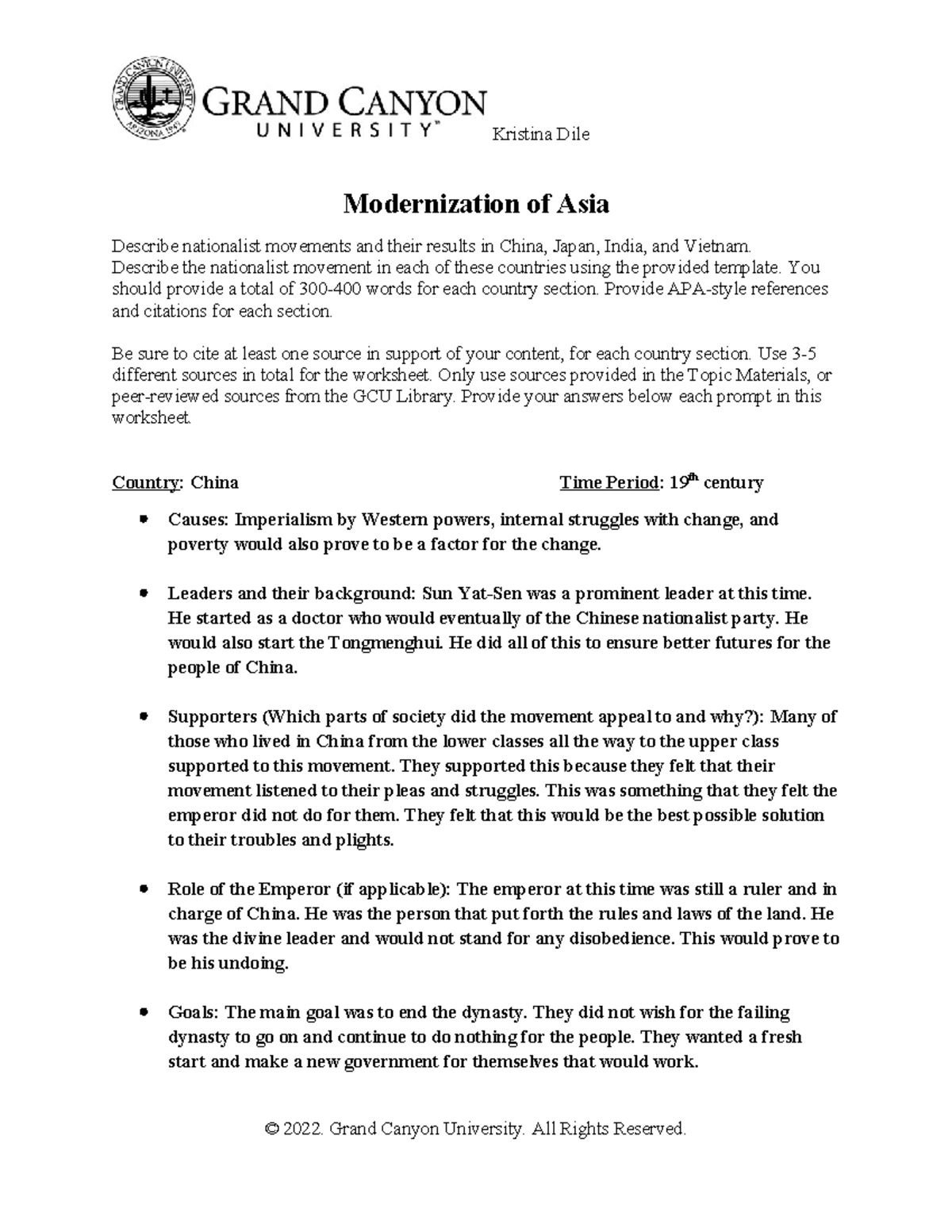 His-350 Worksheet on Nationalist Movements in Modern Asia - Studocu