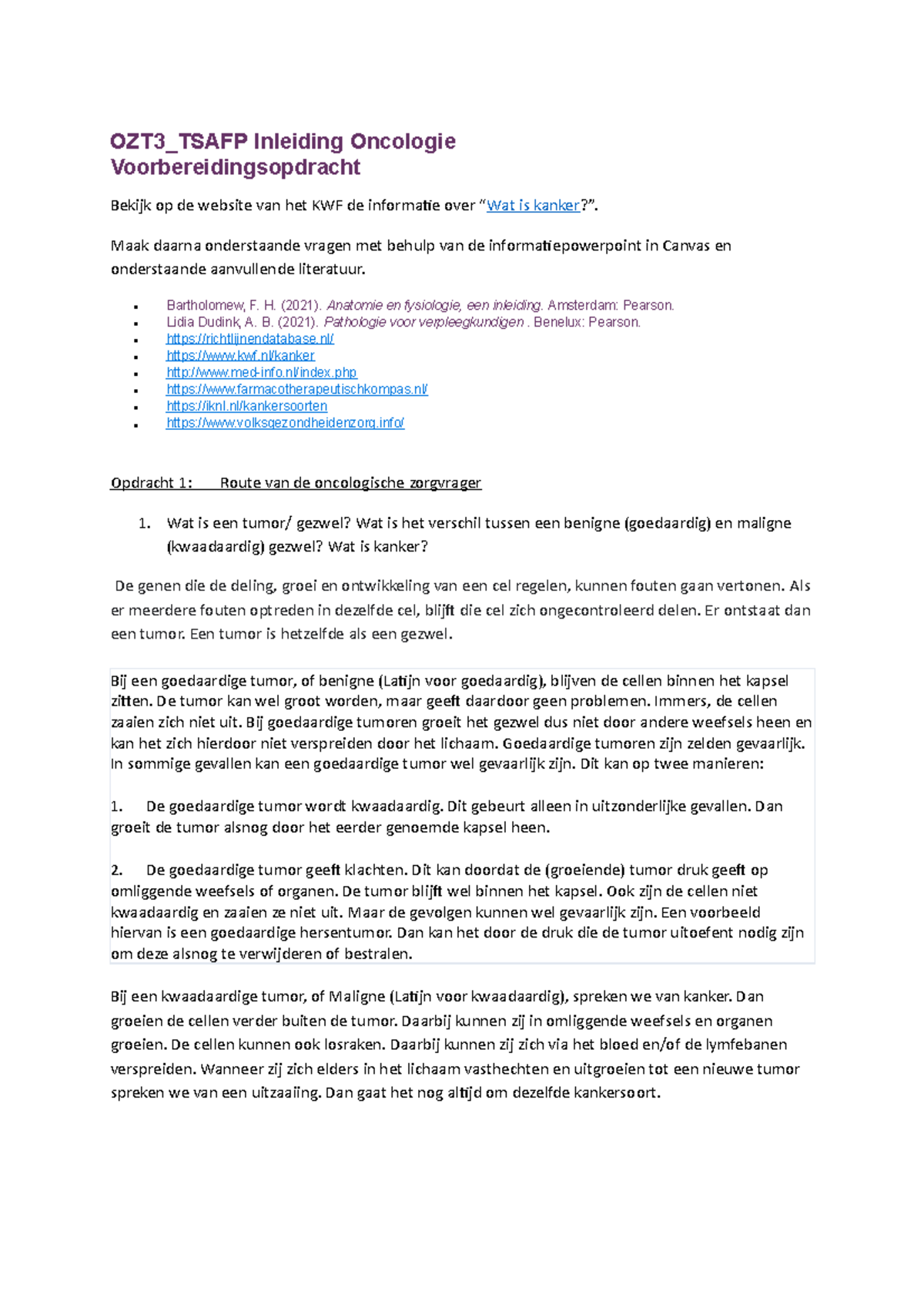 OZT3 Voorbereidingsopdracht: Inleiding Oncologie en Tumoren - Studeersnel