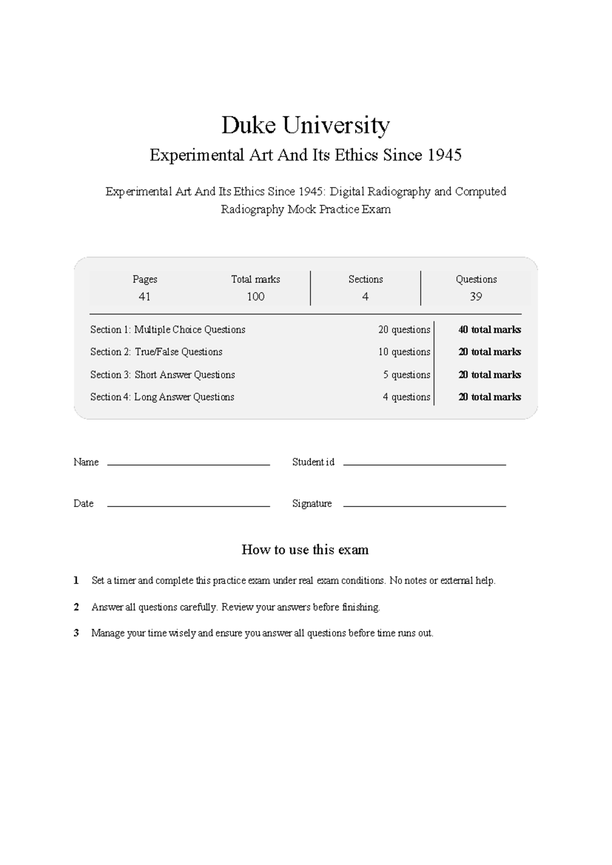Duke University: Digital Radiography & CR Mock Exam Guide - Studocu