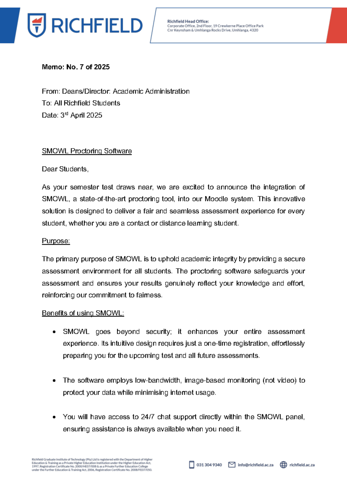 Memo No. 7 (2025): Introduction of SMOWL Proctoring for Students - Studocu