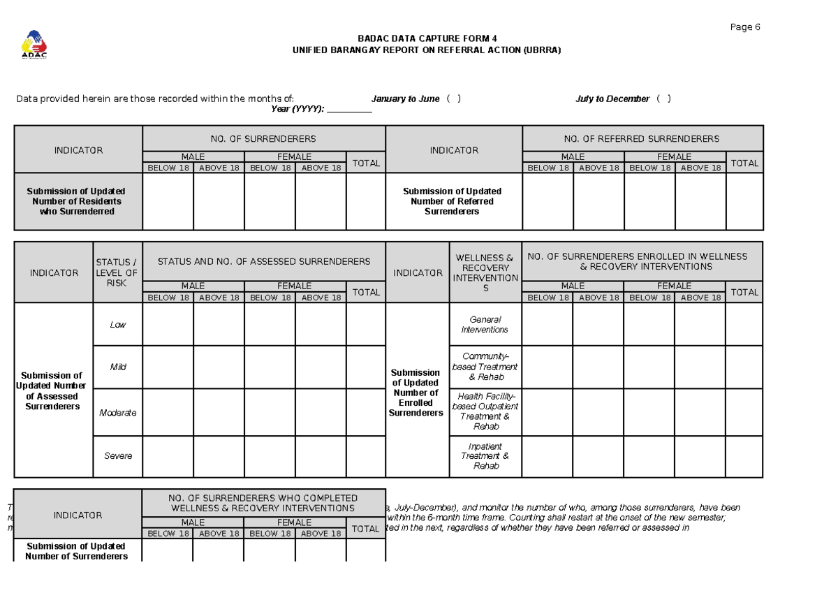 BADAC DATA CAPTURE FORM 4: UBRRA Surrenderers Report (Jan-Jun) - Studocu