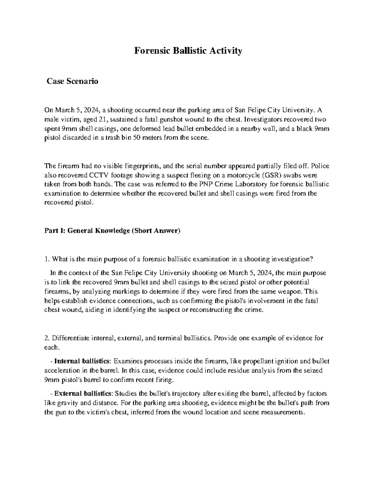 Forensic Ballistic Activity Case Study: San Felipe Shooting (March 5 ...