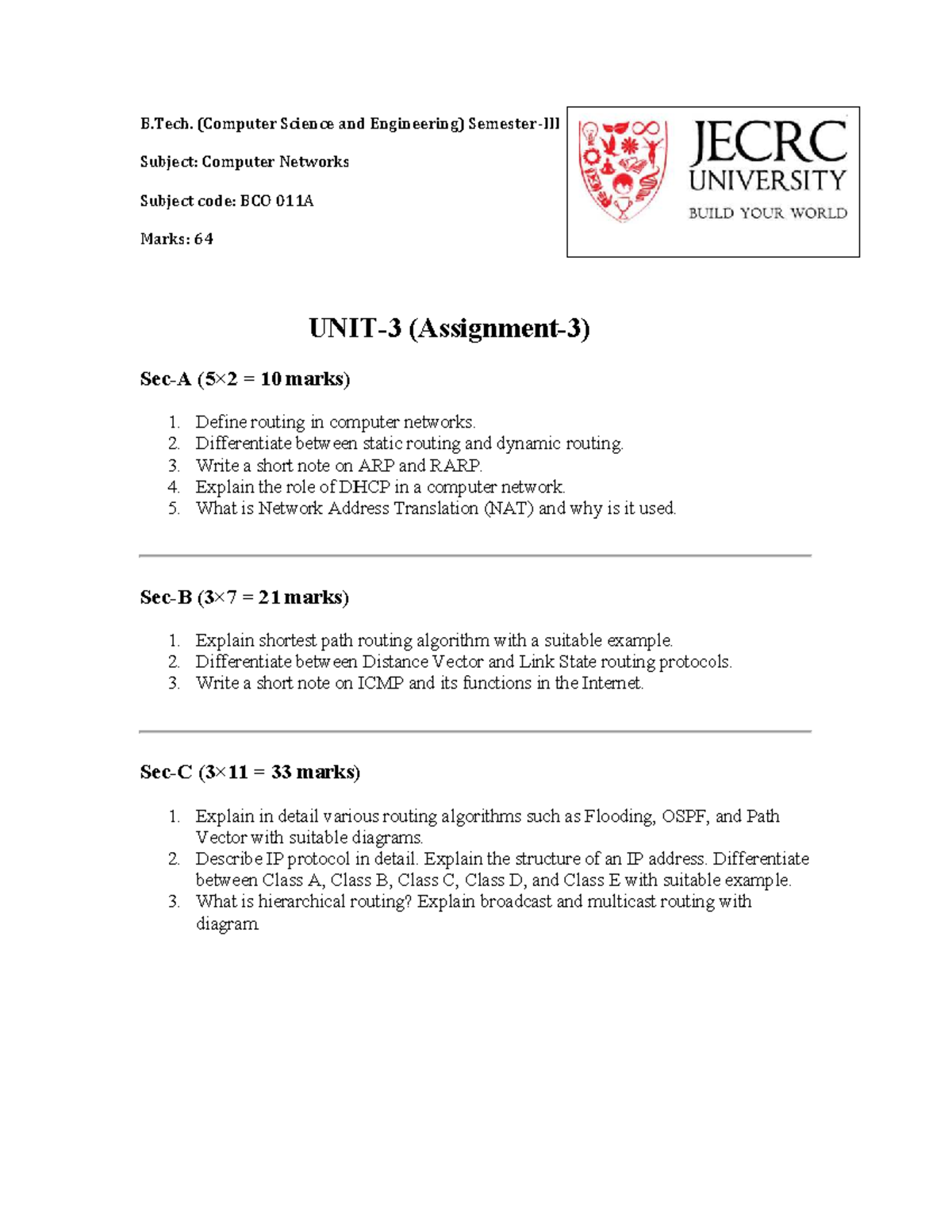 BCO 011A Computer Networks Final Exam Study Notes - Studocu